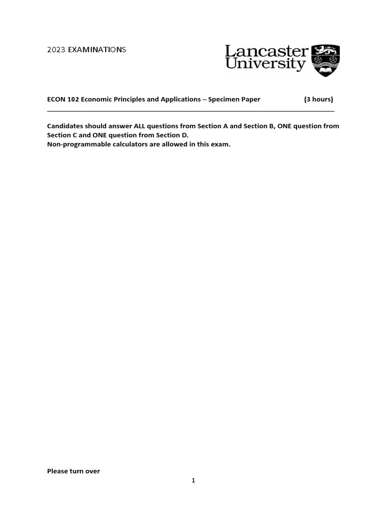 ECON102 Specimen Exam Paper | PDF | Demand | Economic Equilibrium