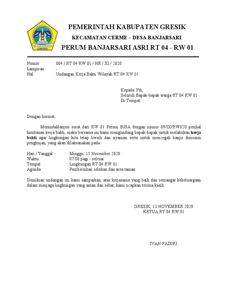 UNDANGAN KERJA BAKTI RT04 - No. 0004 | PDF
