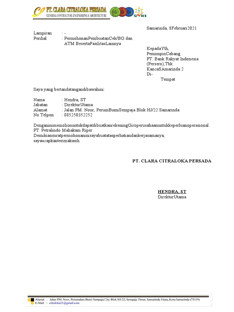 CONTOH Surat PERMOHONAN GIRO | PDF