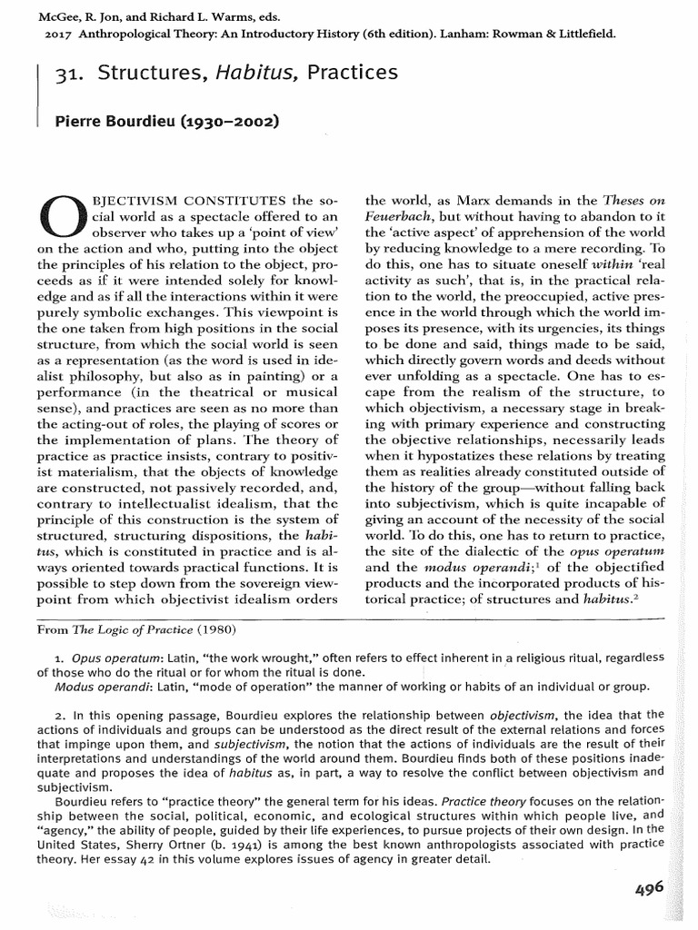Bourdieu - 1980 - Structures Habitus and Practices (From McGee and Warms Eds - 2017) | PDF ...
