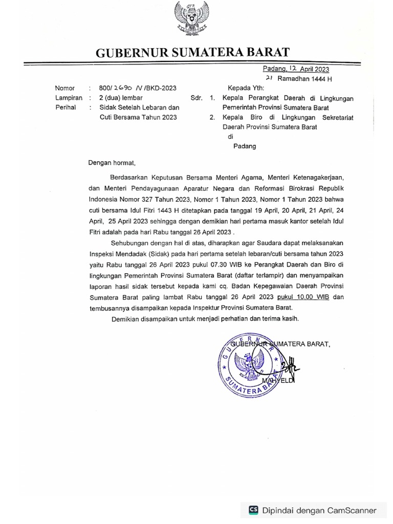 Surat Sidak Setelah Lebaran | PDF
