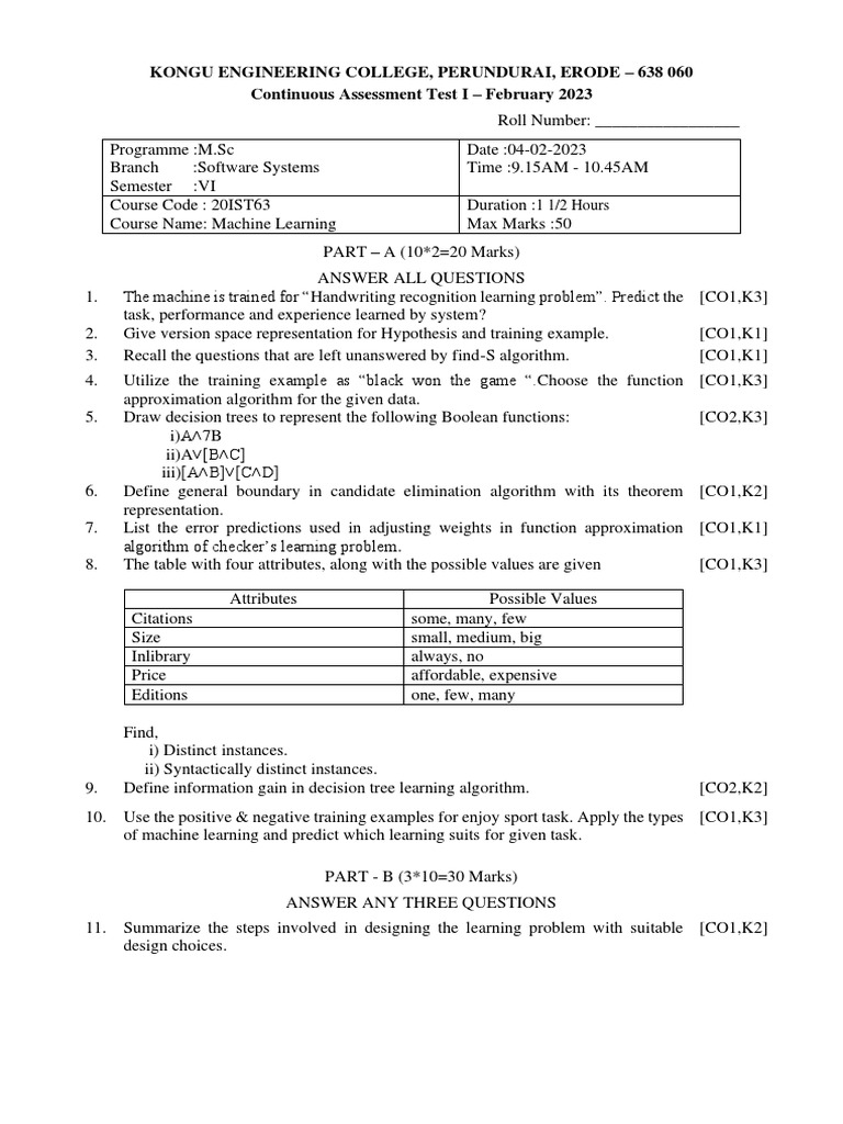 M.Sc Software Systems Exam | PDF | Machine Learning | Algorithms