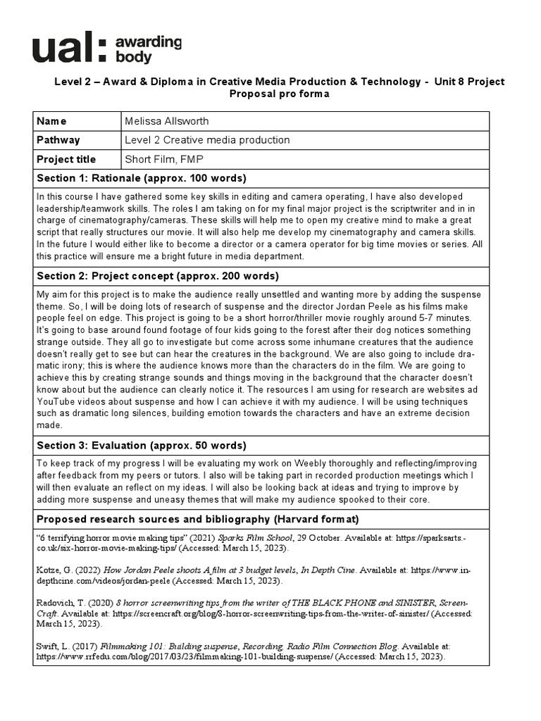 fmp ual proposal form final | PDF | Filmmaking | Horror Films