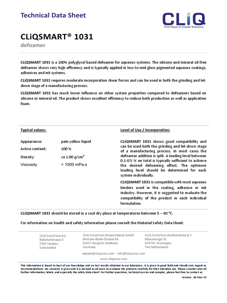 Cliq Cliqsmart 1031 Technical Data Sheet | PDF | Silicone | Industrial Processes