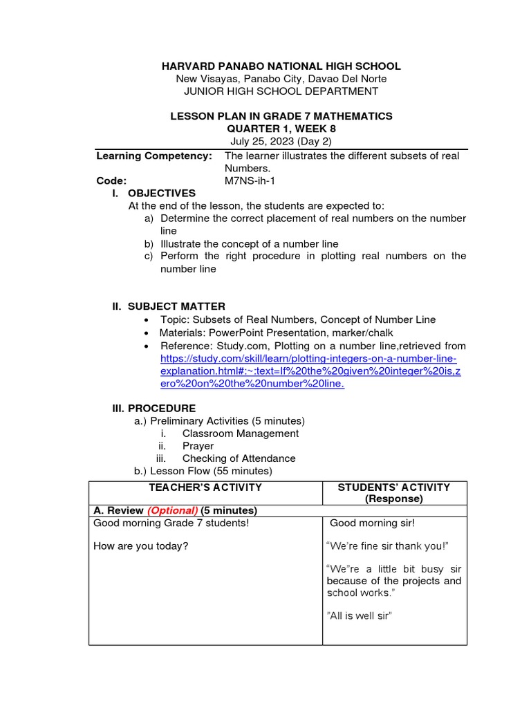 Grade 7 Math Lesson Plan: Real Numbers | PDF | Teaching Methods & Materials
