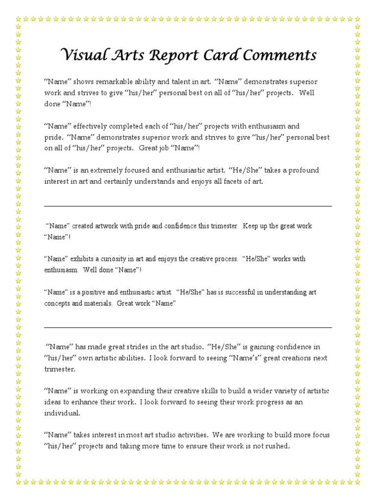 Visual Arts Report Card Comments | PDF