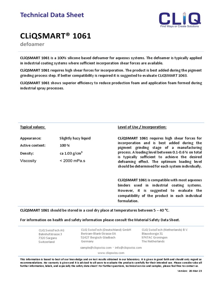 Cliq Cliqsmart 1061 Technical Data Sheet | PDF | Chemistry | Secondary ...