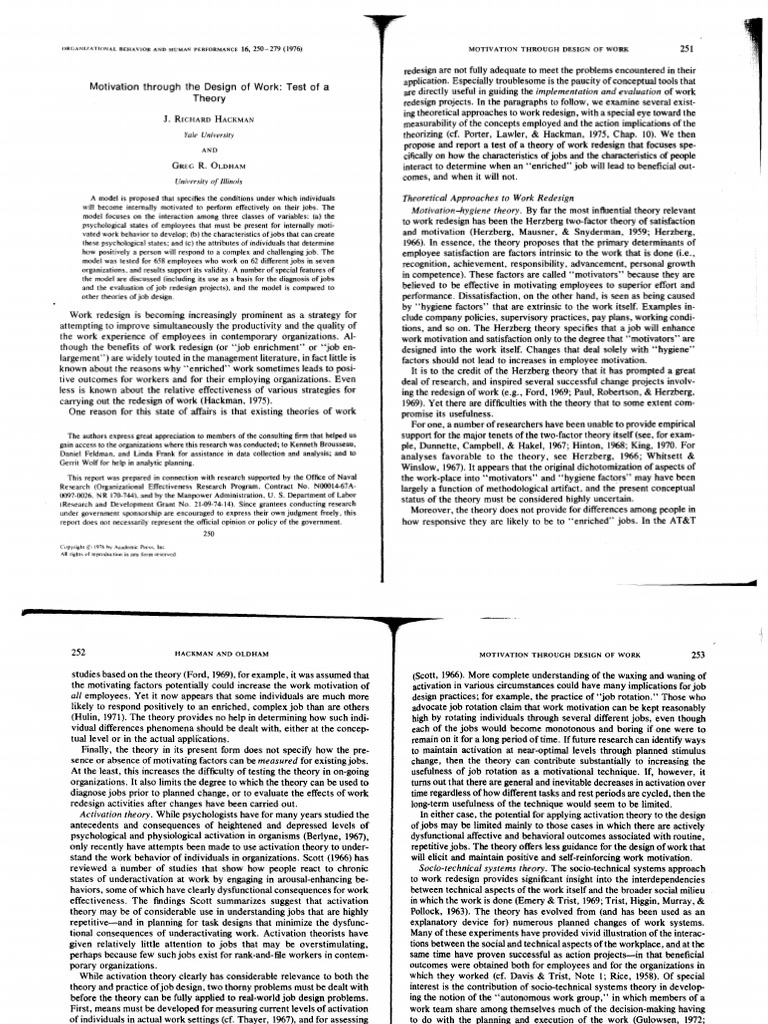 Hackman & Oldham (1976) | PDF | Job Satisfaction | Motivation