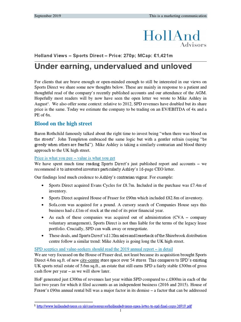 Sports Direct Holland Advisors Sept 2019 | PDF