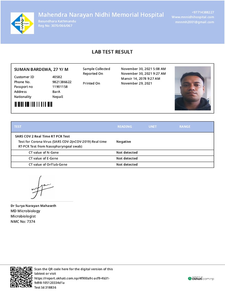 Mahendra Narayan Nidhi Memorial Hospital: Lab Test Result | PDF