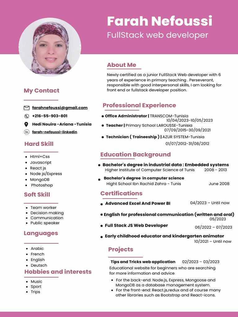 NEFOUSSI Farah - CV | PDF | Computing | Software Engineering