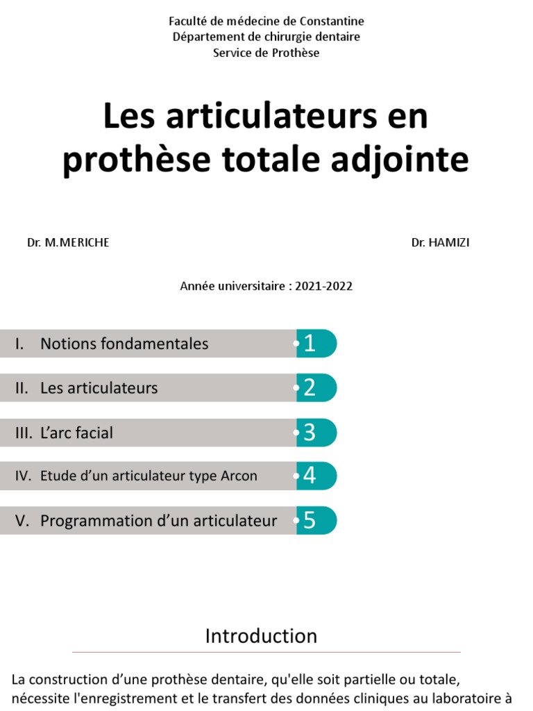 Les Articulateurs en Prothèse Totale Adjointe A.Hamizi | PDF | Tête et ...