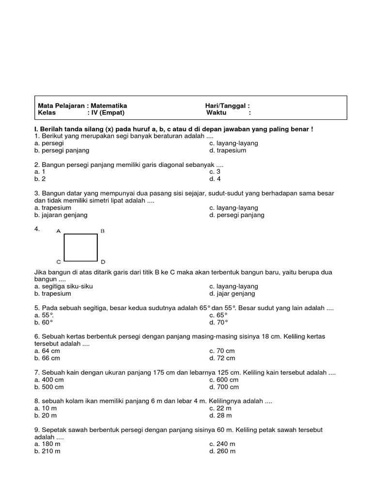 Soal Matematika Kelas 4 SD | PDF | Metode & Bahan Ajar | Griya & Taman