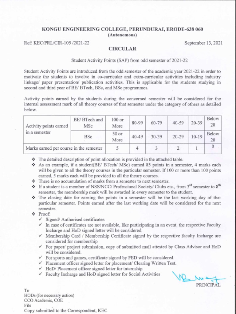 Circular 105 Student Activity Points | PDF