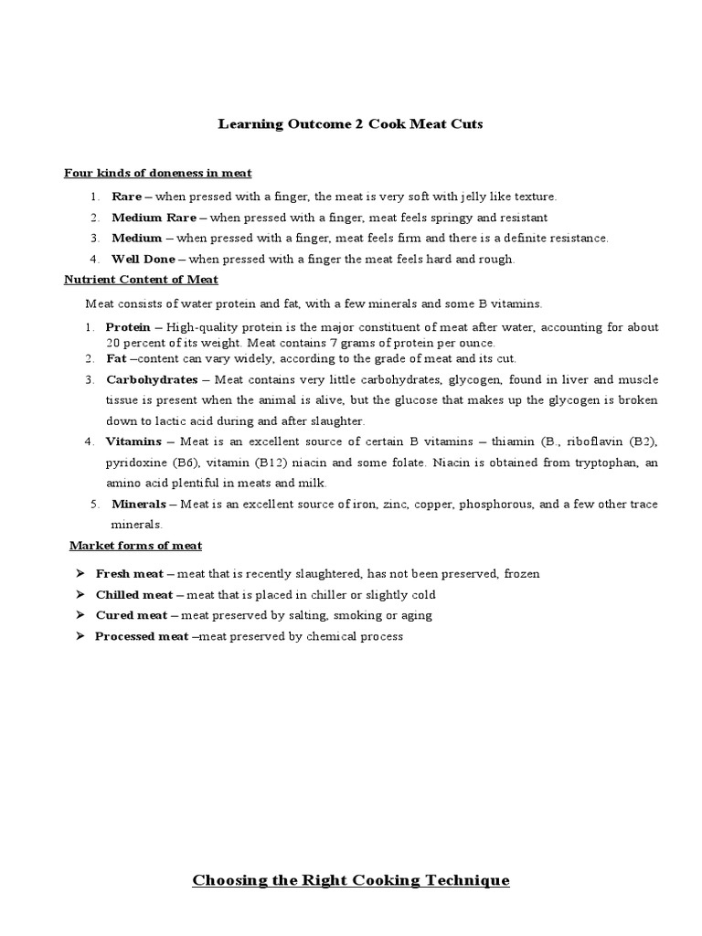 Learning Outcome 2 Cook Meat Cuts | PDF