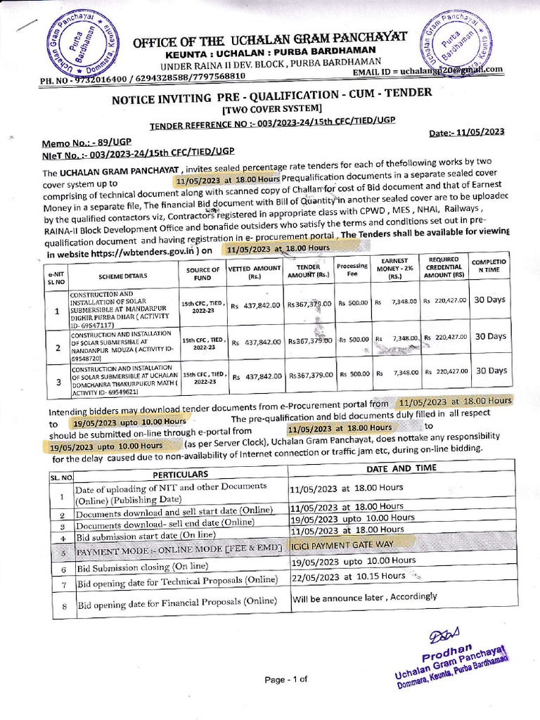 Uchalan Gram Panchayat Tender Notice | PDF
