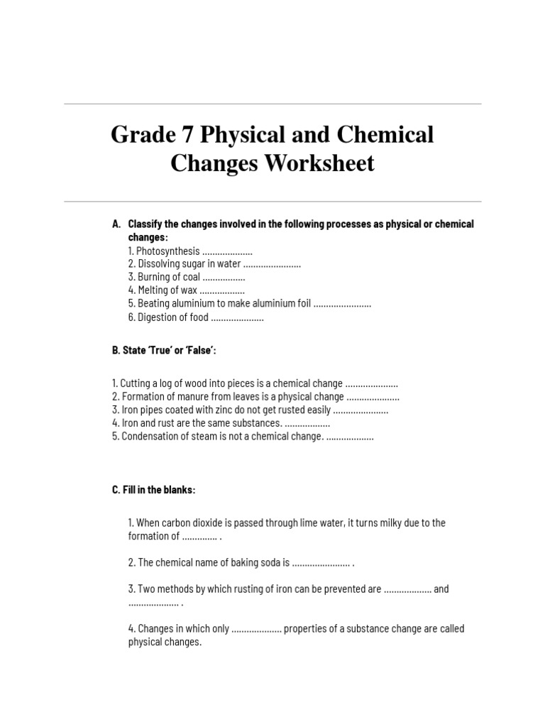 Grade 7 Physical and Chemical Changes Worksheet | PDF | Water ...