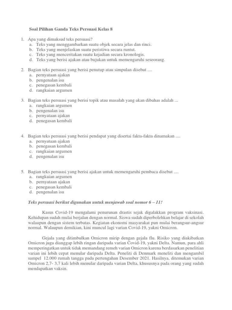 Soal Pilihan Ganda Teks Persuasi Kelas 8 | PDF