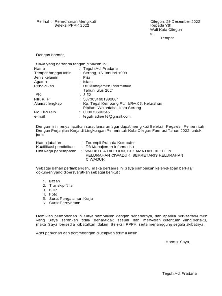 Format Surat Lamaran PPPK 2022 | PDF