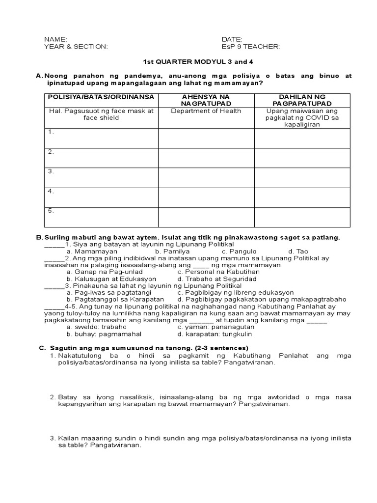 EsP9 1st QTR Modyul 3-4 ACT SHEET | PDF