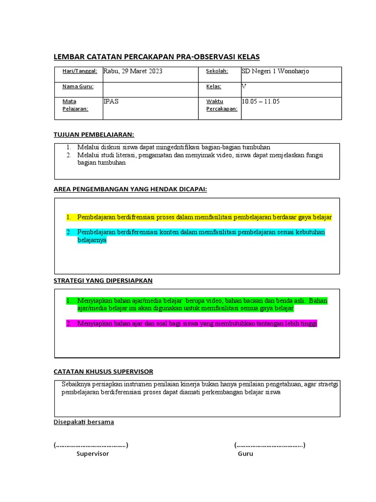 LEMBAR OBSERVASI Pra - Pasca Yg SDH Diisi | PDF | Karier & Perkembangan