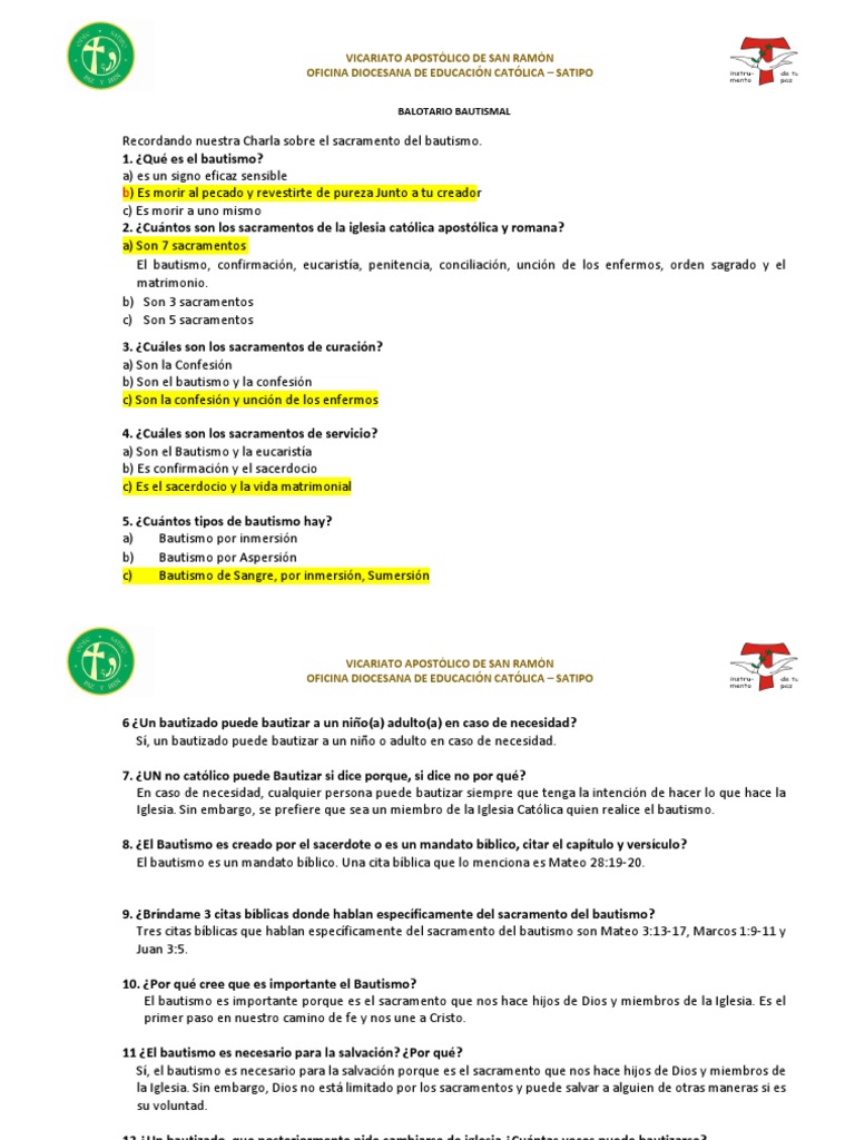 Baptizen Balotario de Preguntas Bautizo | PDF | Bautismo | Padrino
