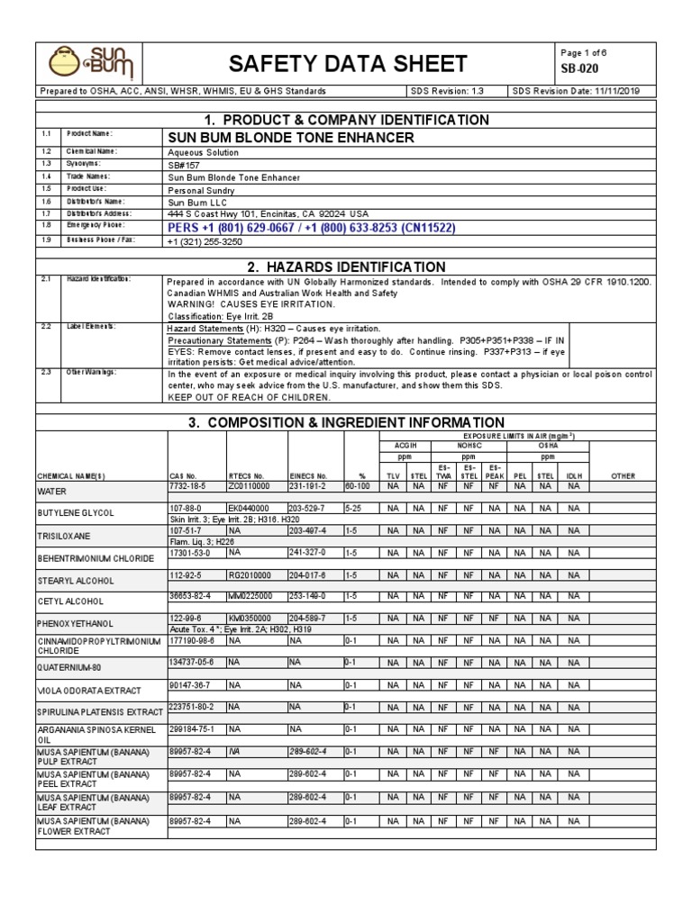 SB-020 - v13 Blonde Enhancer | PDF | Toxicity | Firefighting