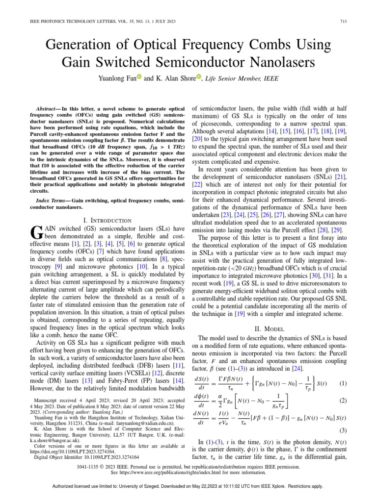 Generation of Optical Frequency Combs Using Gain Switched Semiconductor Nanolasers | PDF | Laser ...