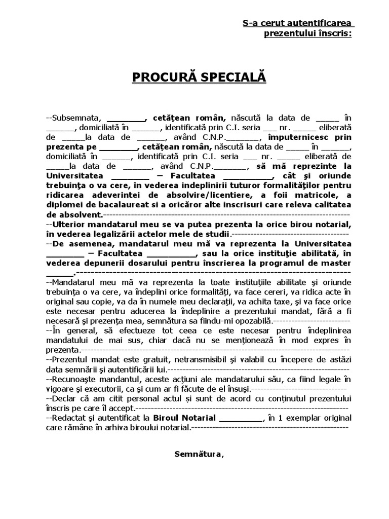 Procura Ridicare Acte Studii, Legalizare, Master DRAFT | PDF