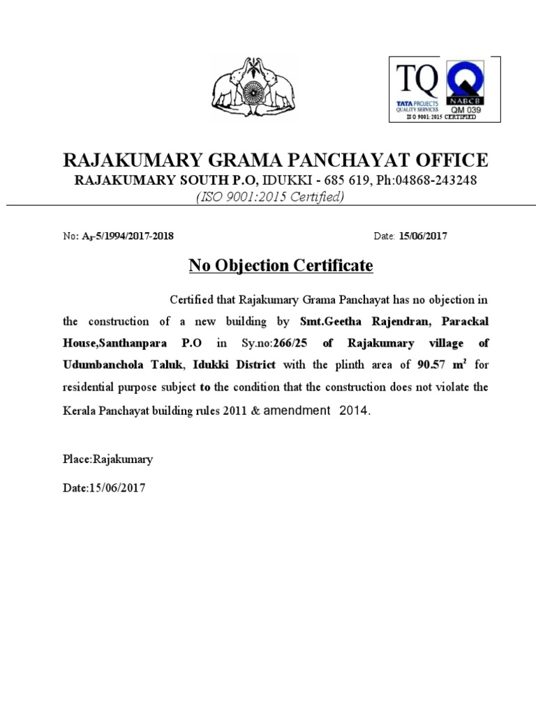 Rajakumary Grama Panchayat NOC Certificate | PDF