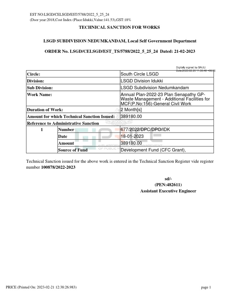 Technical Sanction Issued For The Above Work Is Entered in The ...