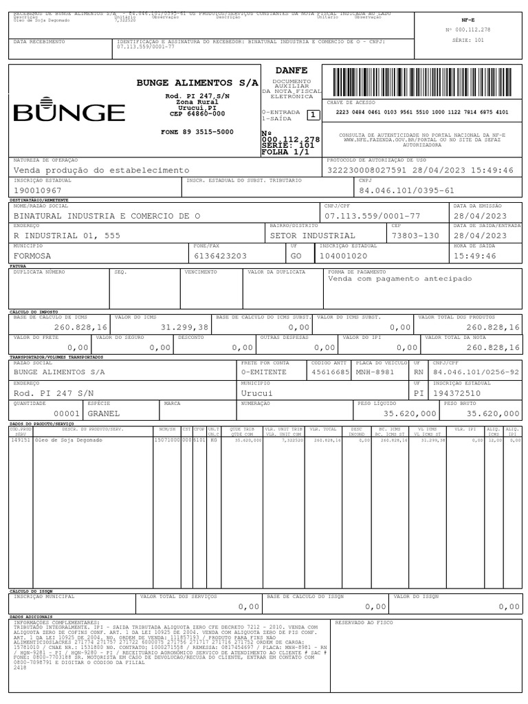 Nfe 0015781010 | PDF | Recibo | Documentos empresariais