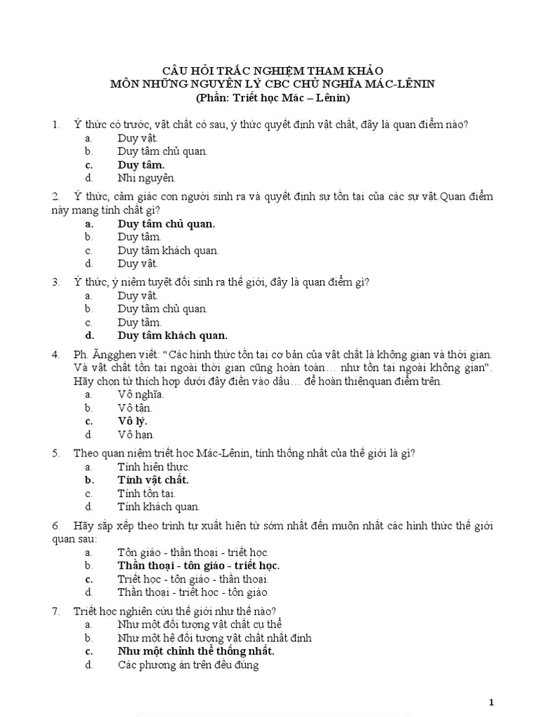 (123doc) 310 Cau Hoi Trac Nghiem Triet Hoc Mac Lenin Co Dap An | PDF