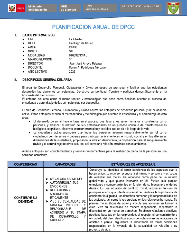 Planificacion Anual de DPCC 3° - 2023 | PDF | Aprendizaje | Sexualidad
