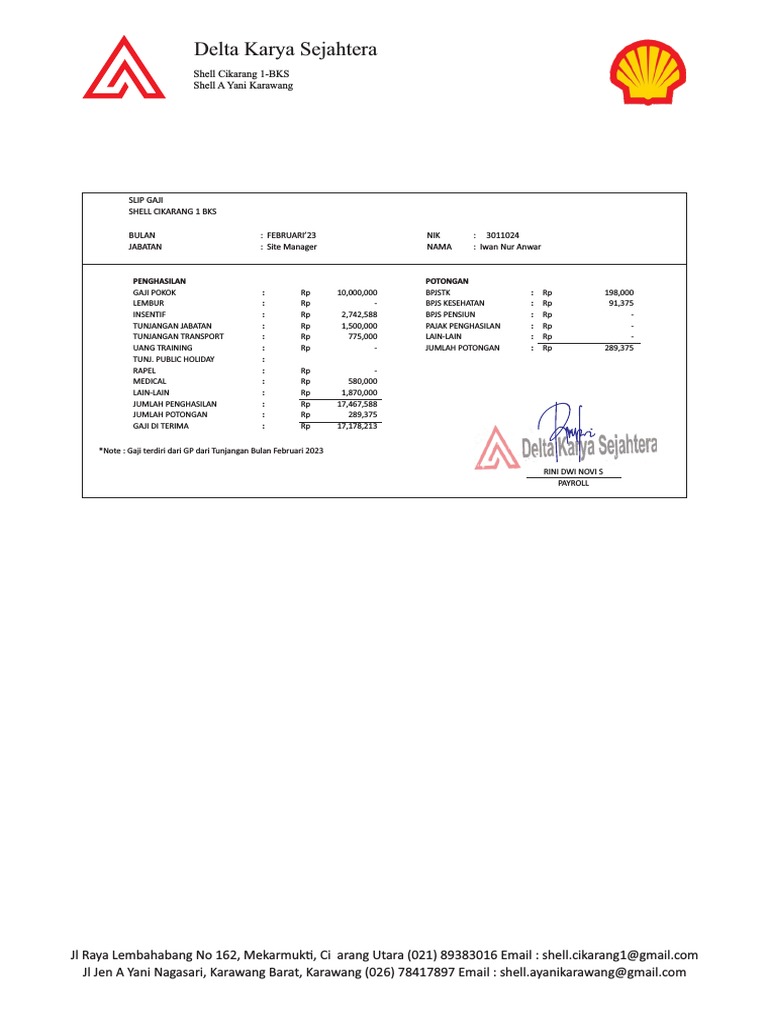 Slip Gaji Karyawan Shell Cikarang 2023 | PDF
