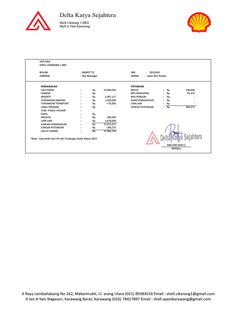 Slip Gaji Maret 2023 Shell Cikarang | PDF