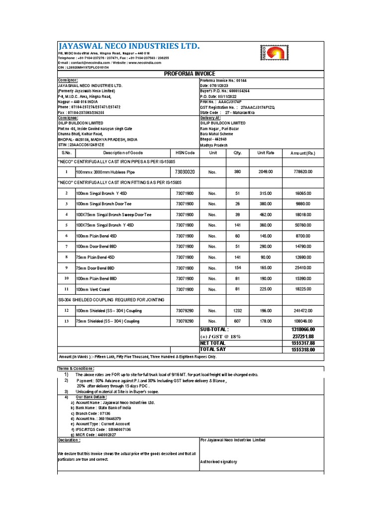 Proforma Invoice for Cast Iron Pipes & Fittings | PDF