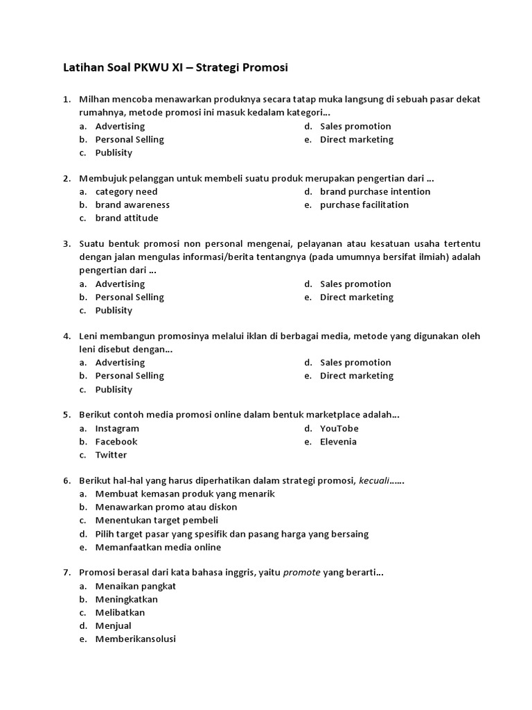 Latihan Soal PKWU XI MIPA 3 - Strategi Promosi | PDF