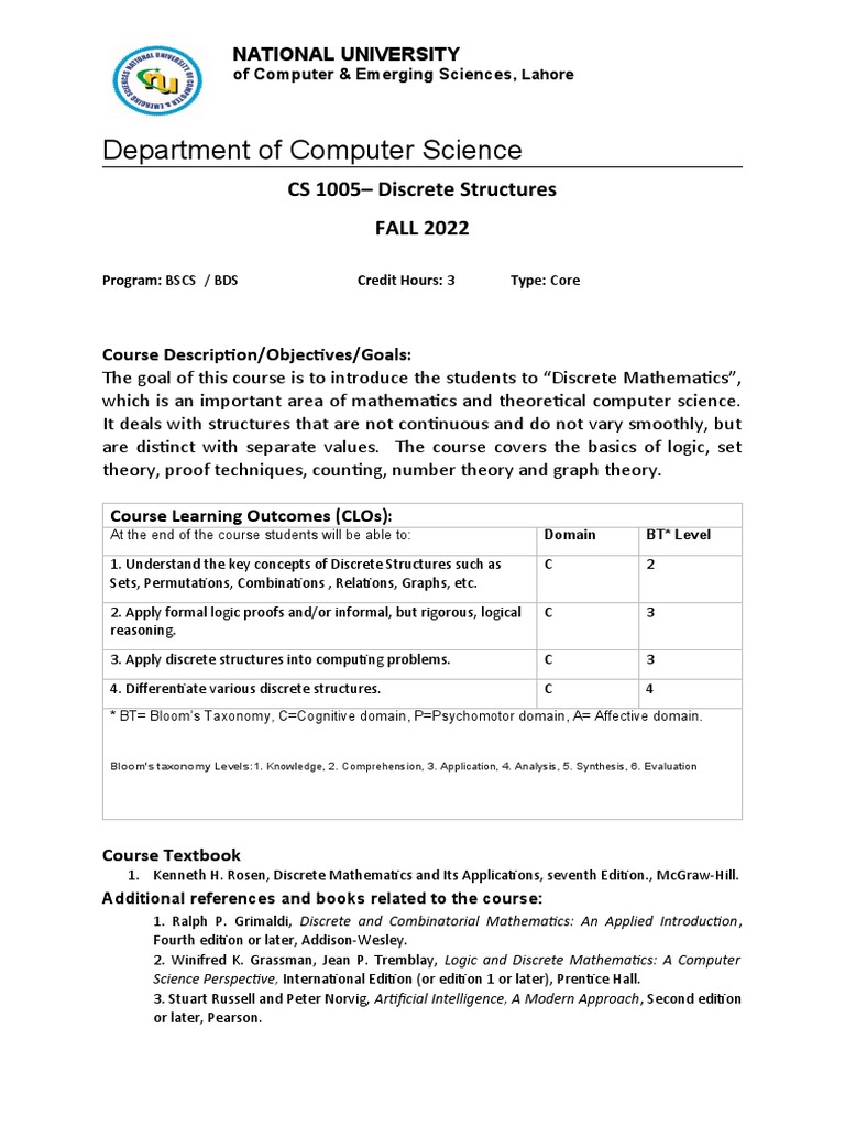 Discrete Structures Course Outline | PDF | Discrete Mathematics ...