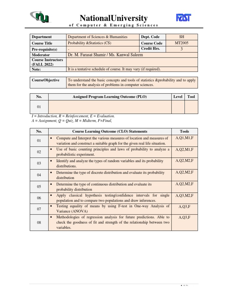 Course Outline-Probability and Statistics-Spring 2023 | PDF ...