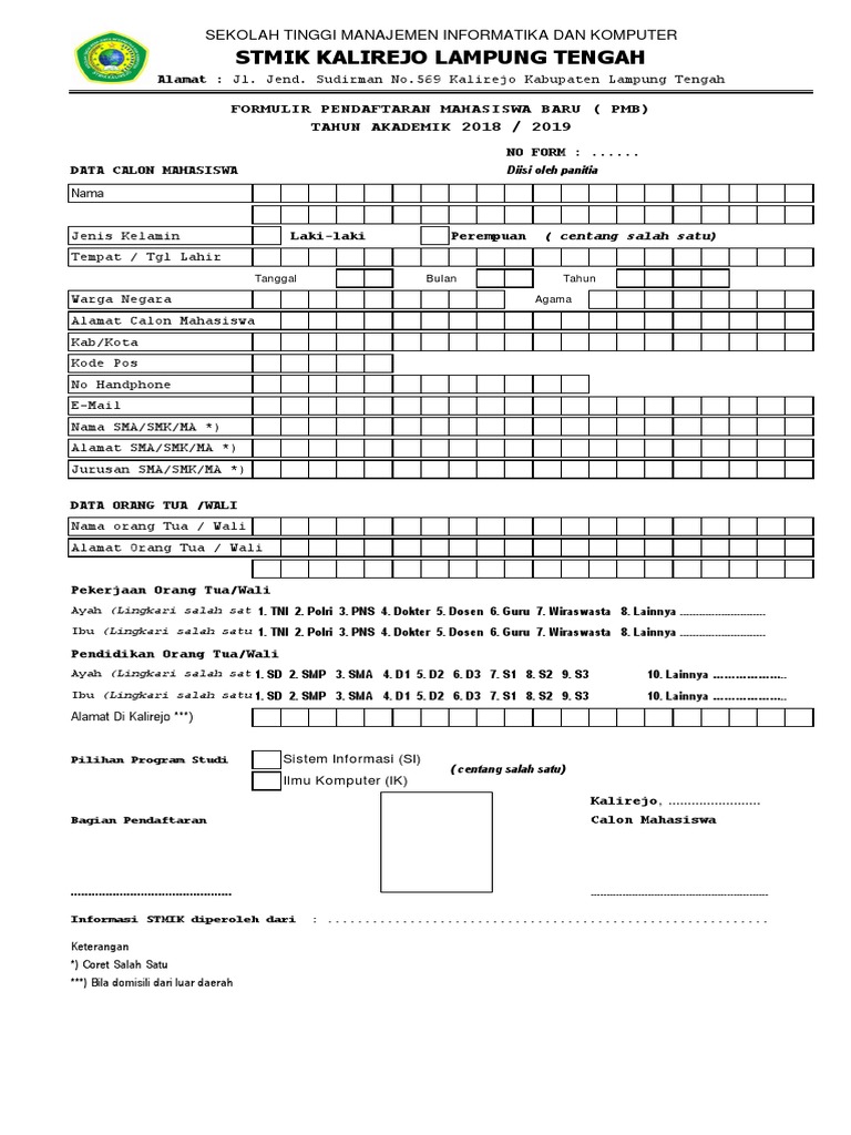 Formulir PMB STMIK Kalirejo 2018/2019 | PDF