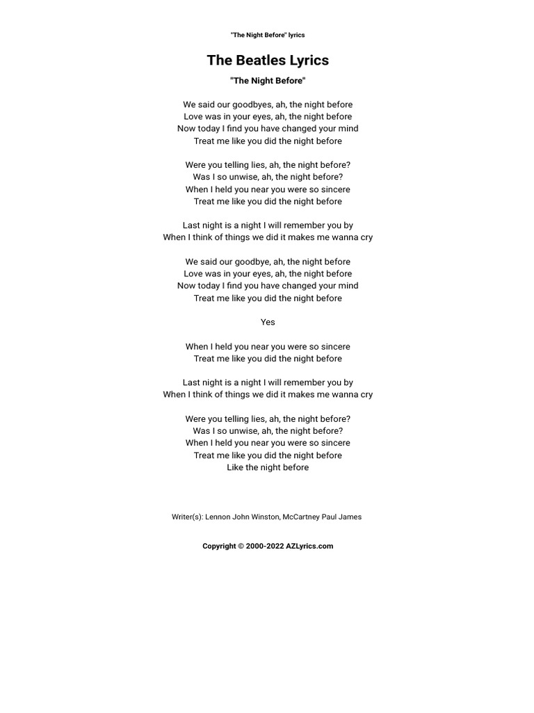 The Beatles Lyrics - The Night Before | PDF | Mystery, Thriller & Crime ...