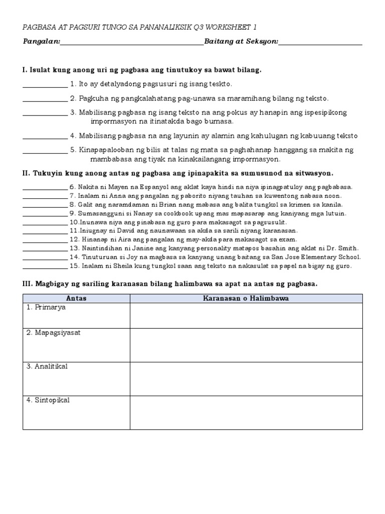 Pagbasa at Pagsuri 11 Q3 Worksheet 1 | PDF