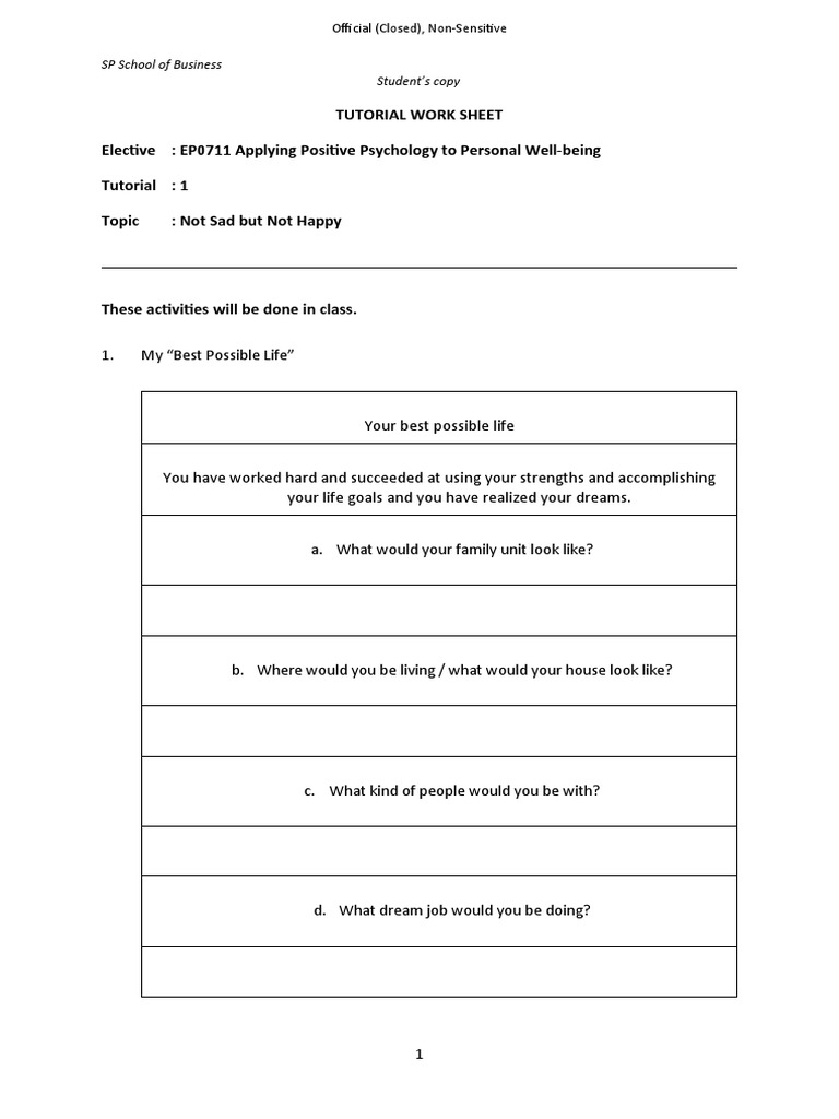 Positive Psychology Tutorial Worksheet | PDF | Positive Psychology | Behavioural Sciences