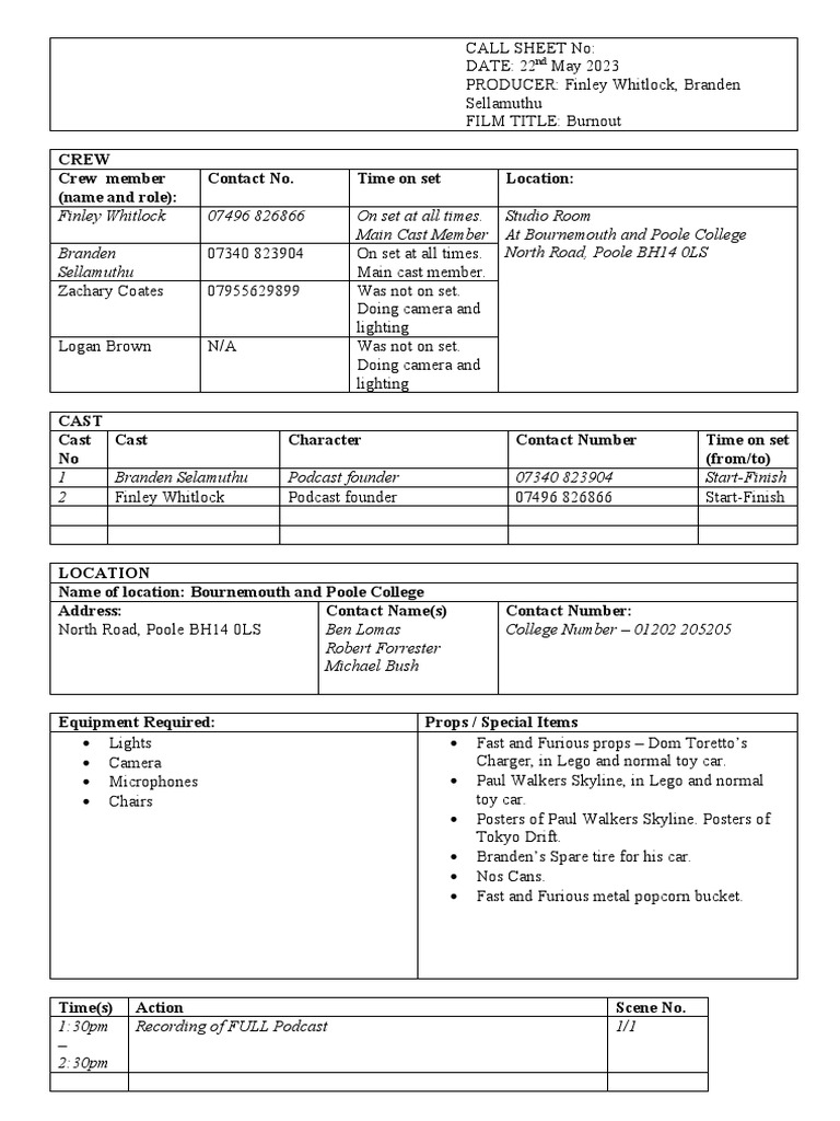 Call Sheet For Video 1 | PDF