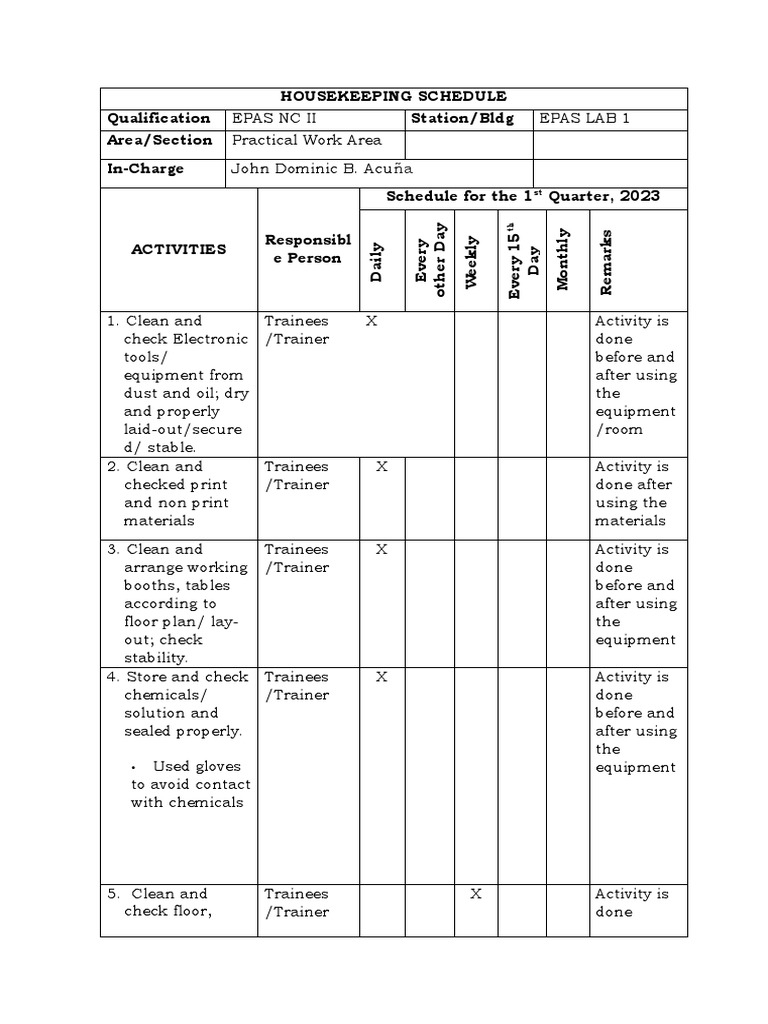Housekeeping Schedule | PDF | Housekeeping | Equipment