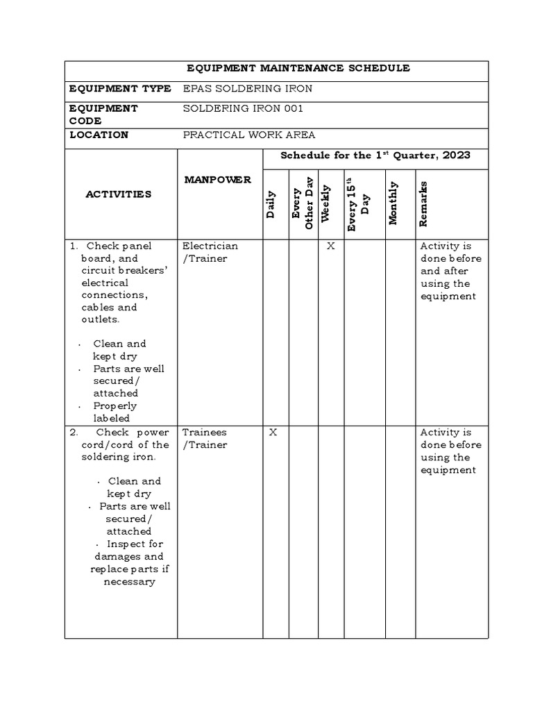 Equipment Maintenance Schedule | PDF | Soldering | Electrical Engineering