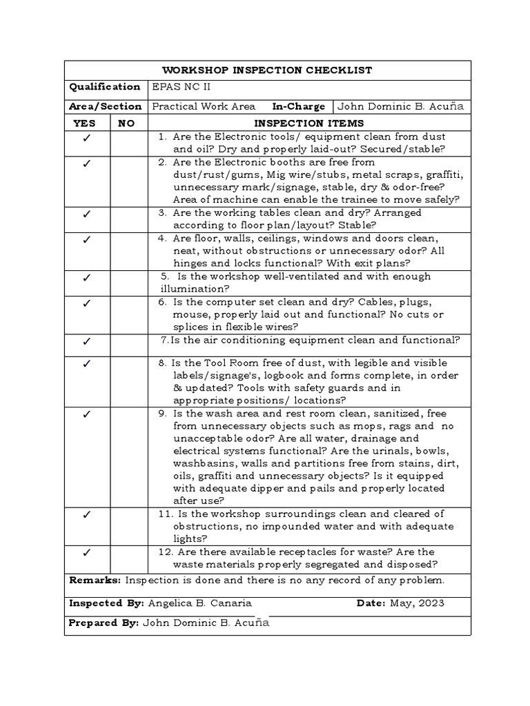 Workshop Inspection Checklist 2023 | PDF | Materials | Building Engineering