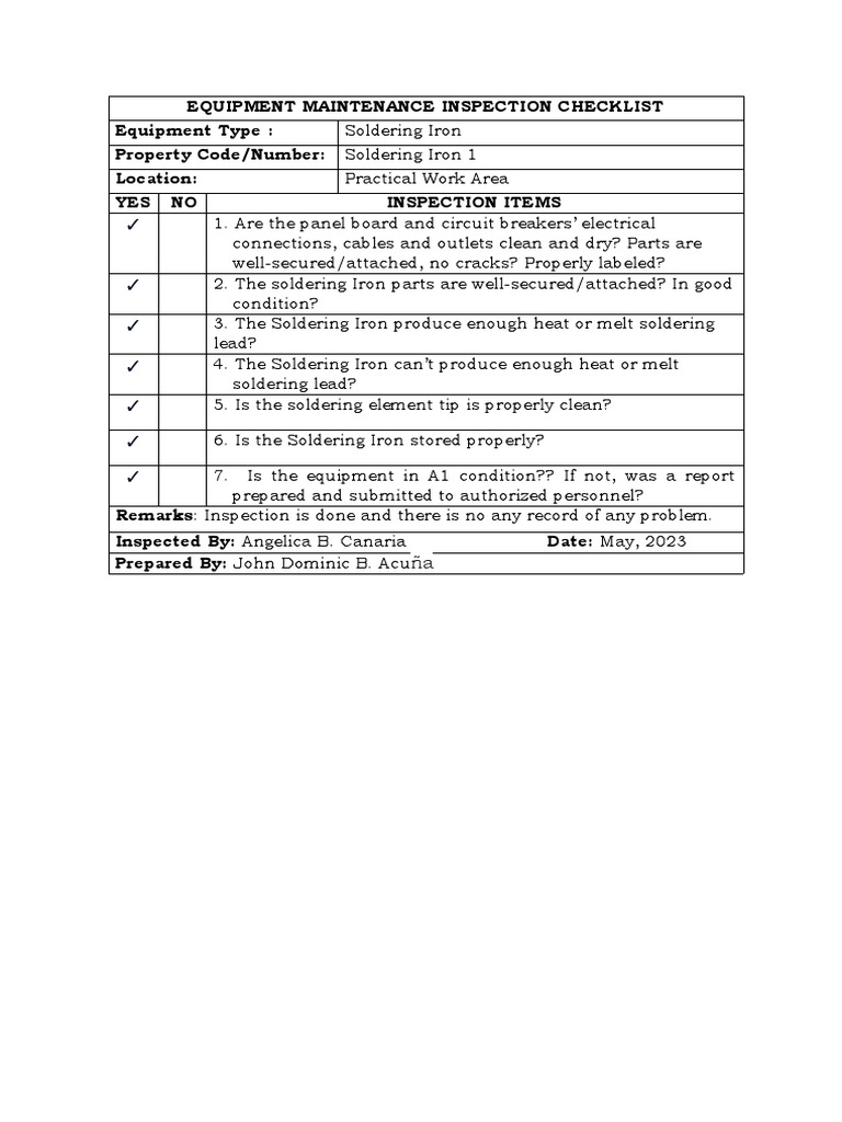 Equipment Maintenance Inspection Checklist | PDF