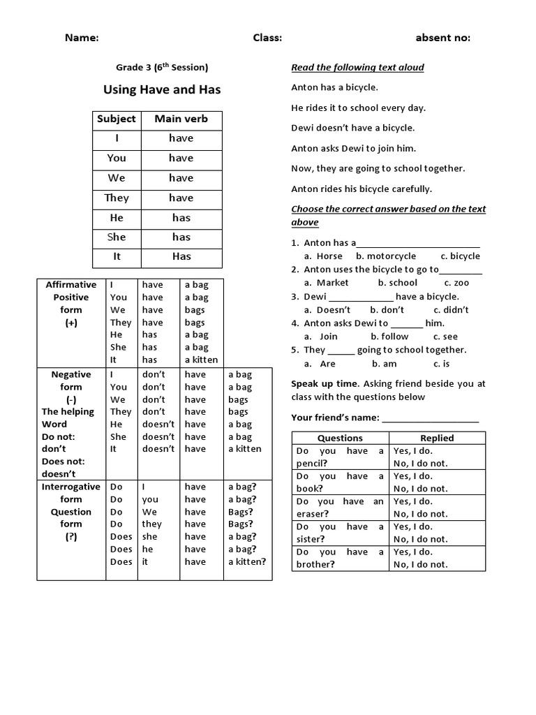 Has and Have Worksheet for Grade 3 | PDF | Linguistics | Grammar
